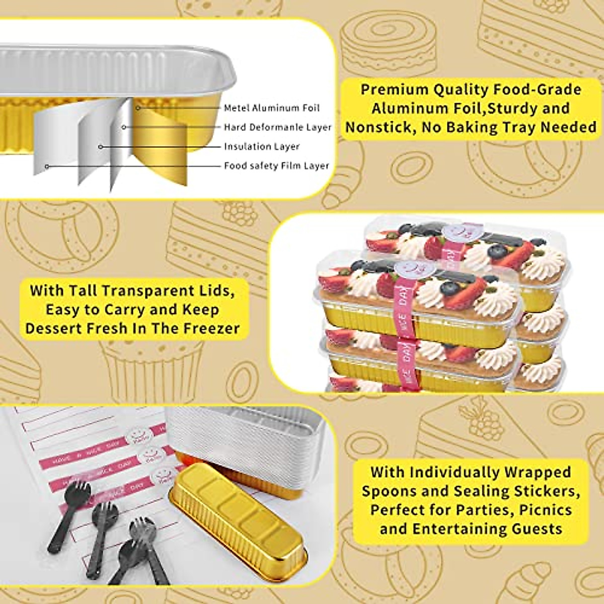 HEYYUMI 11.4oz Mini Loaf Pans with Lids and Spoons 40 Pack, Aluminum Foil Narrow Cake Pans,Rectangle Baking Pans,Cupcake Cups Muffin Tins,Disposable Ramekins Containers for Mini Bread Brownie - Gold