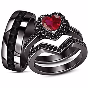 Aryan Jewels 2.30 Ct Heart & Round Cut Red Ruby & Black Diamond Trio Engagement Wedding Women's Ring Set 14k Black Gold Finish (5)
