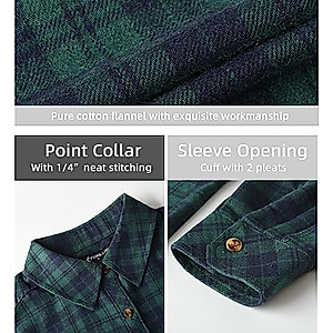 Fuinloth Women's Flannel Button Down Shirt, Plaid Long Sleeve Pure Cotton with Pocket 1 Dark Green Large