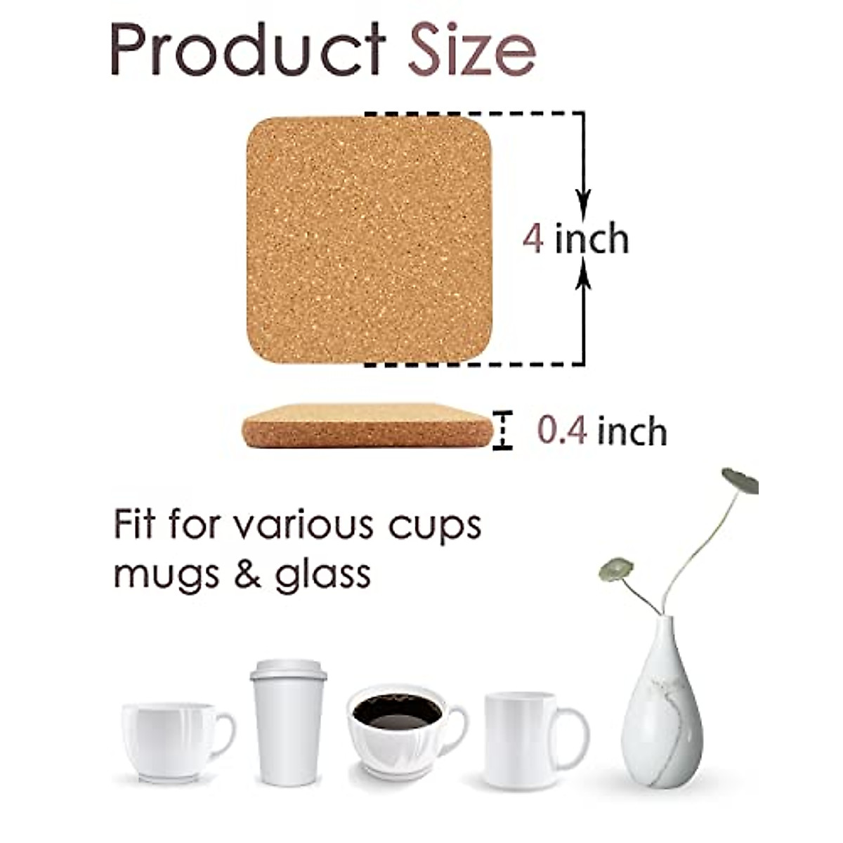 Cork Coasters for Drinks, 8 Pcs Square Extra Thick Absorbent Cork Coaster Sets, Round Edge Drink Coaster, Cup Coasters for Kinds of Cups, Housewarming Gifts, Home Decor, 4 x 4 Inches