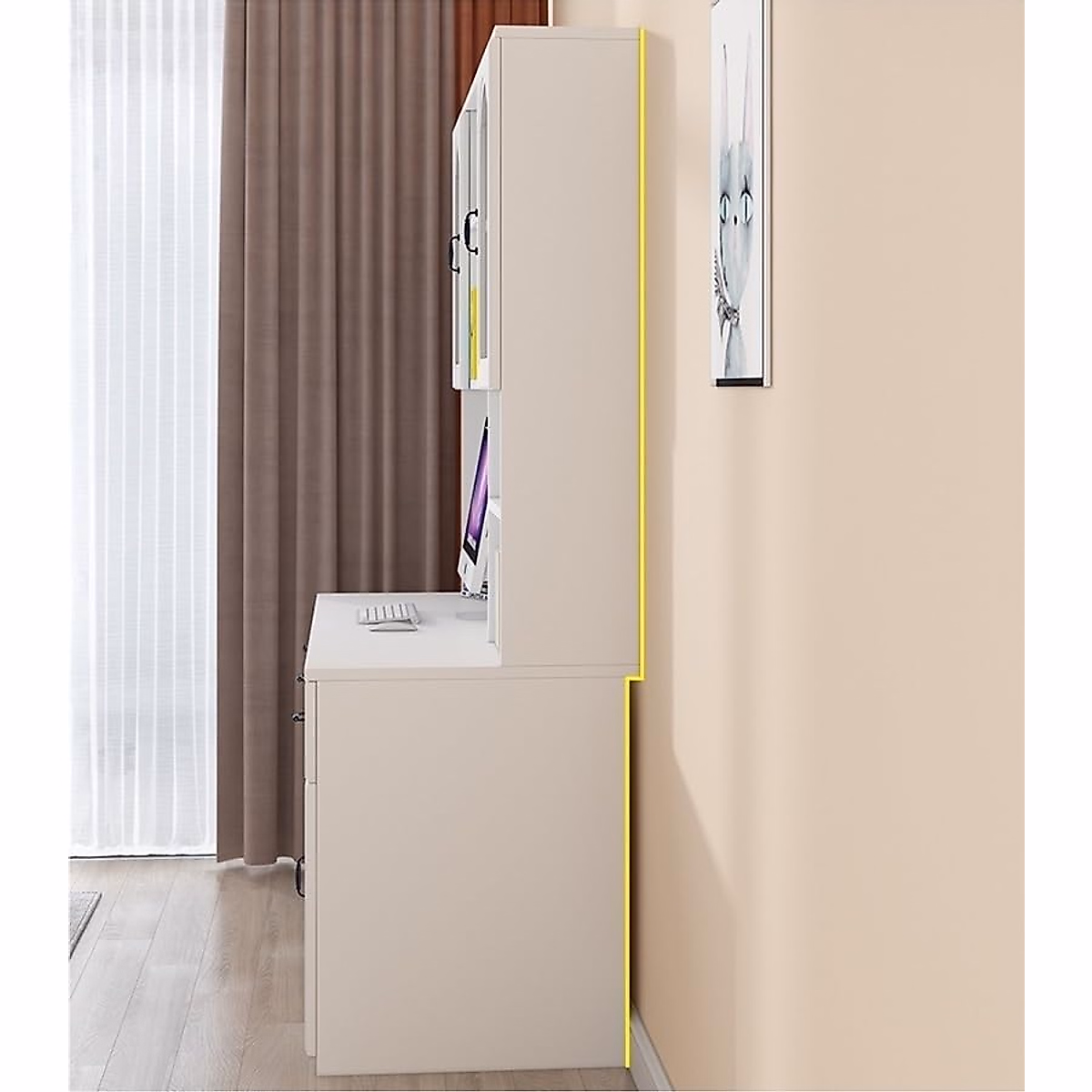 KIRANDY Girls' Bedroom Study Desk and Bookshelf Combo, Computer Desk with Drawers (Color : White 90x50x182.5cm Solid Wood)