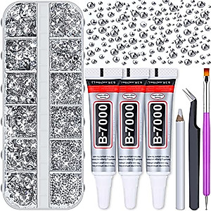 Audab B7000 Jewelry Adhesive Glue with Rhinestones for Crafts, 2100Pcs Flat Back Gems Crystal Rhinestones with Tweezer Dotting Tools Clear Glue for DIY Clothes Fabric Shoes Jewelry Making Nail Art