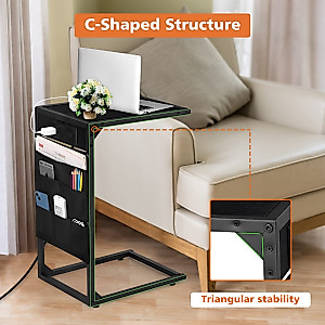 Set of 2 C Shaped End Table with Charging Station, Snack Side Table, C Tables for Couch, Couch Tables That Slide Under, for Living Room, Bedroom, Black