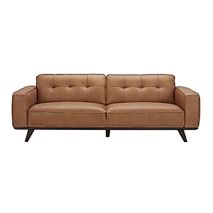 Modern Leather Sofa Couch with Wood Base, 89.4" W, Cognac/Espresso
