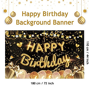 Happy Birthday Banner Black Gold Happy Birthday Backdrop Party Decorations Supplies for Women Men Children Girl Boy