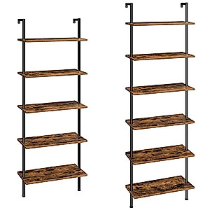 HOOBRO 5-Tier DIY Ladder Shelf and 6-Tier Wall Mounted Bookshelf, Office Vertical Bookcase, Wooden Storage Shelves for Home Office, Bedroom, Rustic Brown BF53CJ01-BF65CJ01