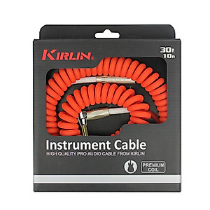 KIRLIN Cable Kirlin IMK-202PFGL-30/RDF-Straight Premium Coil Instrument Cable, Red Translucent PVC Jacket-30ft, 1/4" Mono Plug, Straight to Right Angle, (IMK-202PFGL-30/RDF)