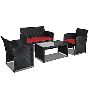 Goplus Rattan Patio Furniture Set 4 Pieces, Outdoor Wicker Conversation Sofa and Table Set with Soft Cushions & Tempered Glass Coffee Table for Balcony Garden Backyard (Red)