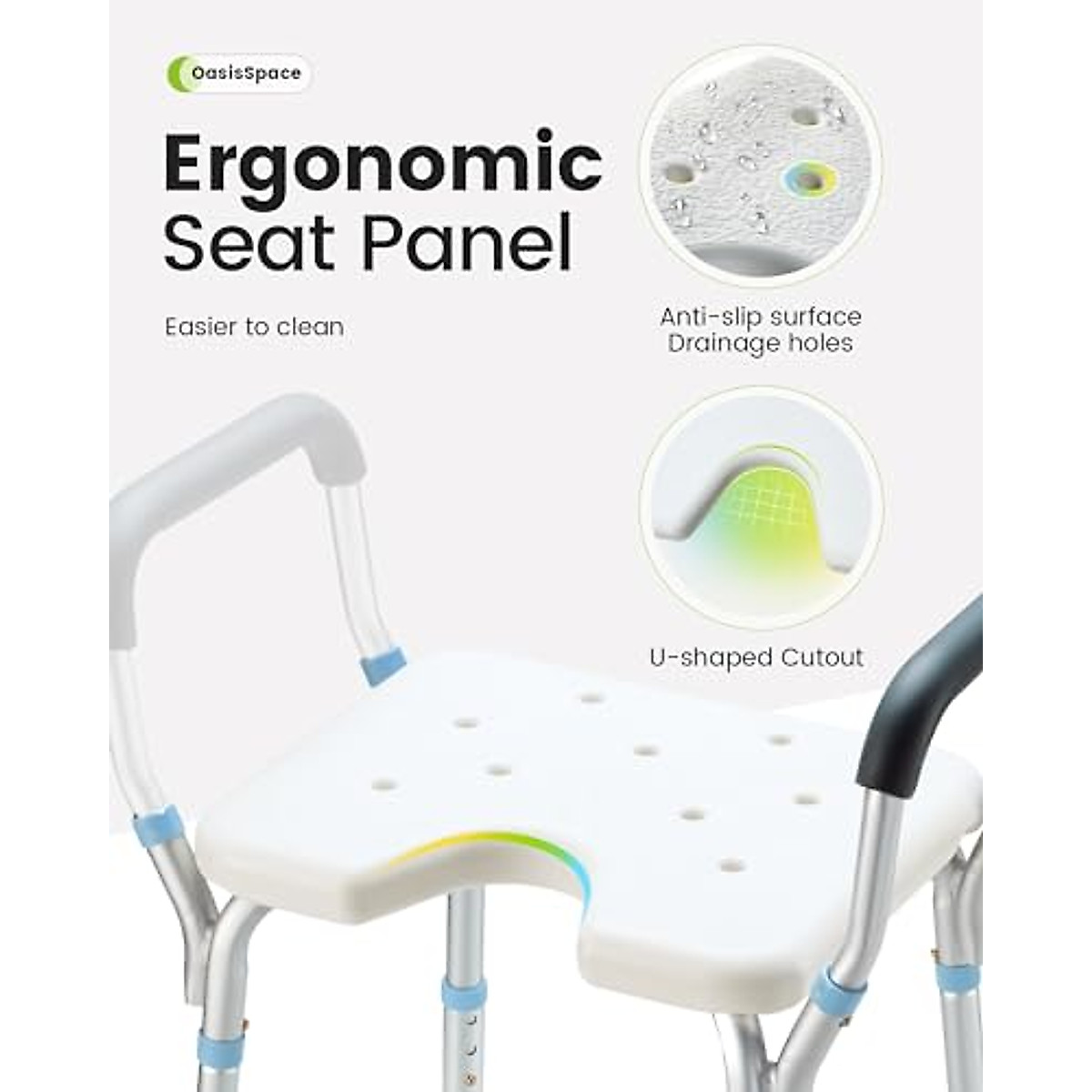 OasisSpace Adjustable Shower Chair with Arms for Inside Shower, Heavy Duty Shower Bench with Cutout Seat 300lbs, Medical Tool Free Bathtub Stool for Seniors, Elderly, Handicap, Disabled