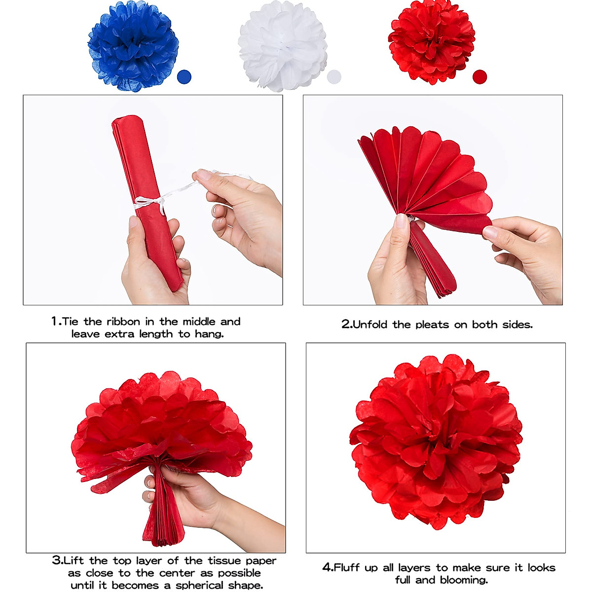 Blue White and Red Birthday Decorations, Patriotic Party Supplies Kit for Men Women Boys Grils, Happy Birthday Banner Paper Pompoms Red Blue Confetti Balloons Star Streamer for 4th of July Baseball