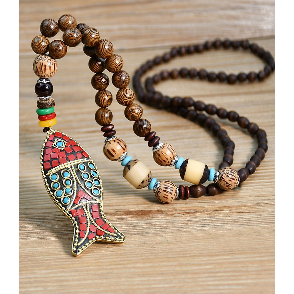 Fish Long Necklace Handmade Turquoise Wood Beads Necklace for Women Fashion Jewelry (Fish pendant)