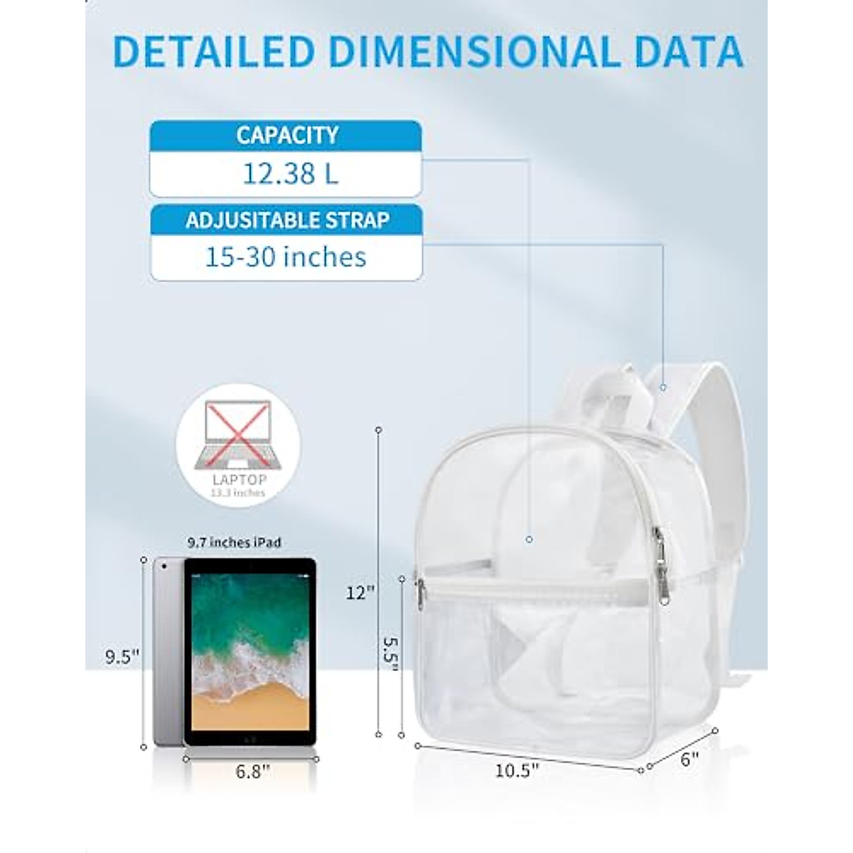 Paxiland Clear Backpack Stadium Approved 12×12×6 with Reinforced and Wider Shoulder Straps, Small Clear Bag for Schools, Concerts, Work, Festivals and Sporting Events - White