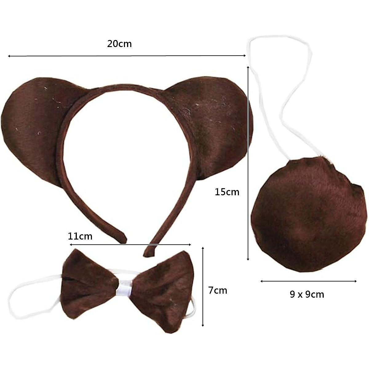 Kirei Sui 3-Piece Funny Bear Costume Set with Ears Headband Bow Tie Tail Halloween Dress Up for Kids & Adults Brown