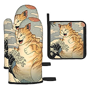 Tattoo Funny Cat Oven Mitts Pot Holders Set Non-Slip Cooking Kitchen Gloves Washable Heat Resistant Oven Gloves for Microwave BBQ Baking Grilling