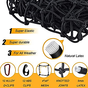 GSPSCN Cargo Net 4' x 6' for Truck Pickup Bed, Trailer ,Boat ,RV SUV Stretches to 11'x17' Max Roof Rack Net ,Small 4”x4” Mesh Heavy Duty Bungee Cord Net Compatible with Dodge Ram,Chevy Ford,Toyota