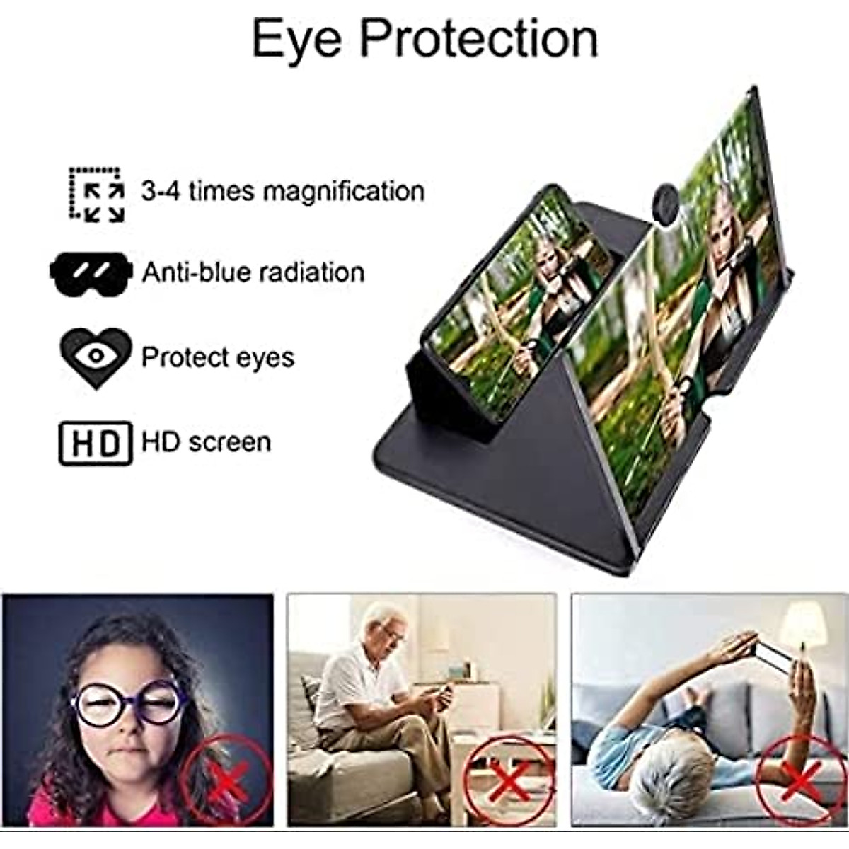 12 inch Screen Magnifier, 3D Smart Mobile Phone Screen Amplifier with Foldable Holder Stand for Any Smart Phone to Watch Your Movies and Videos, Black, F3