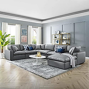 Modway Commix Down-Filled Overstuffed Vegan Leather 7-Piece Sectional Sofa in Gray