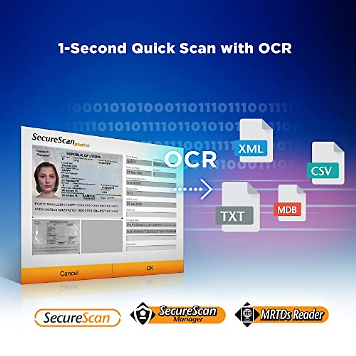 Plustek SecureScan X50 - Passport and ID Card Scanner, Auto-Detect and Scan in 1 Sec Support ICAO Doc 9303 Standards. for Windows only