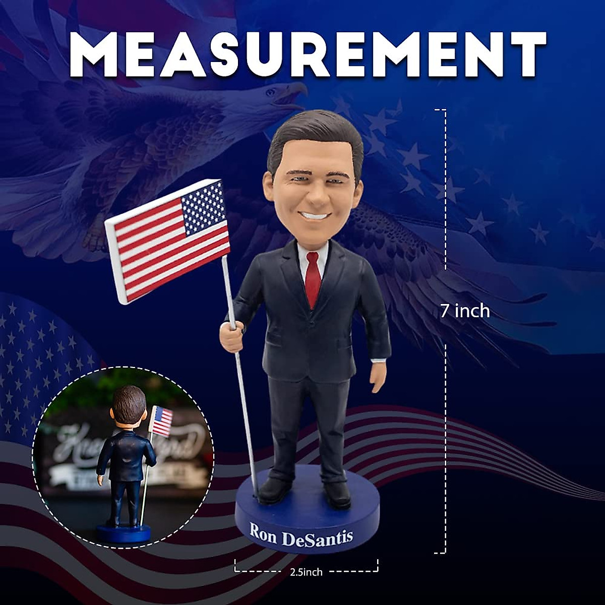 Governor Ron Desantis Bobblehead Collectible | 7” Tall Resin Figurine of Desantis Holding an American Flag | Governor Desantis Bobble