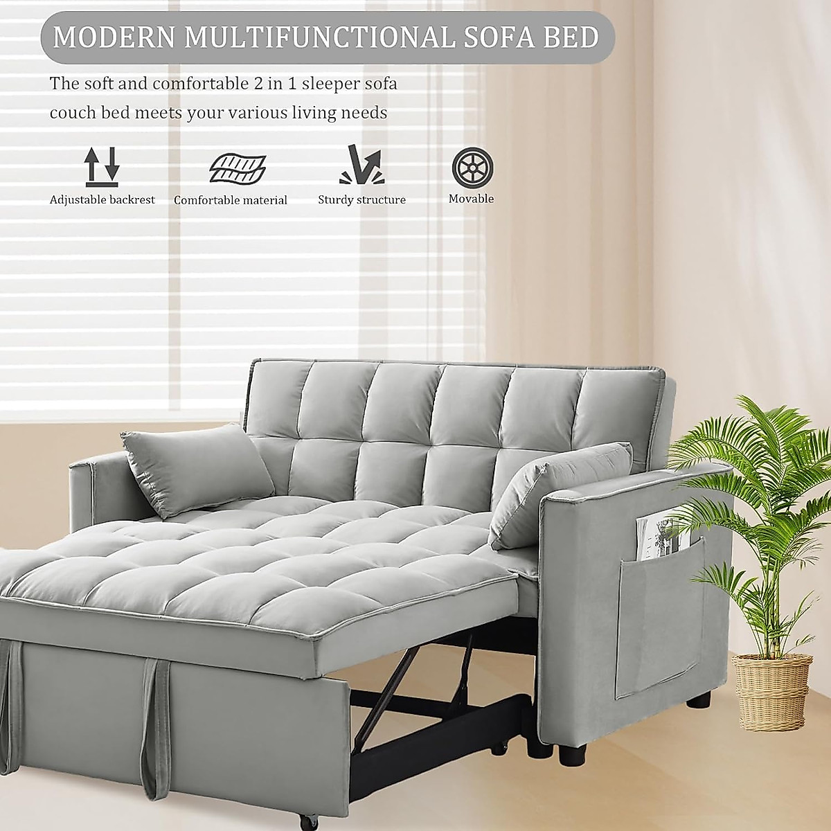 WEAGP 3 in 1 Sleeper Sofa Couch Bed, Velvet Convertible Loveseat Sleeper Sofa with 3 Level Adjustable Backrest, Storage Pockets, Toss Pillows, Pull Out Loveseat Sleeper for Living Room, Grey