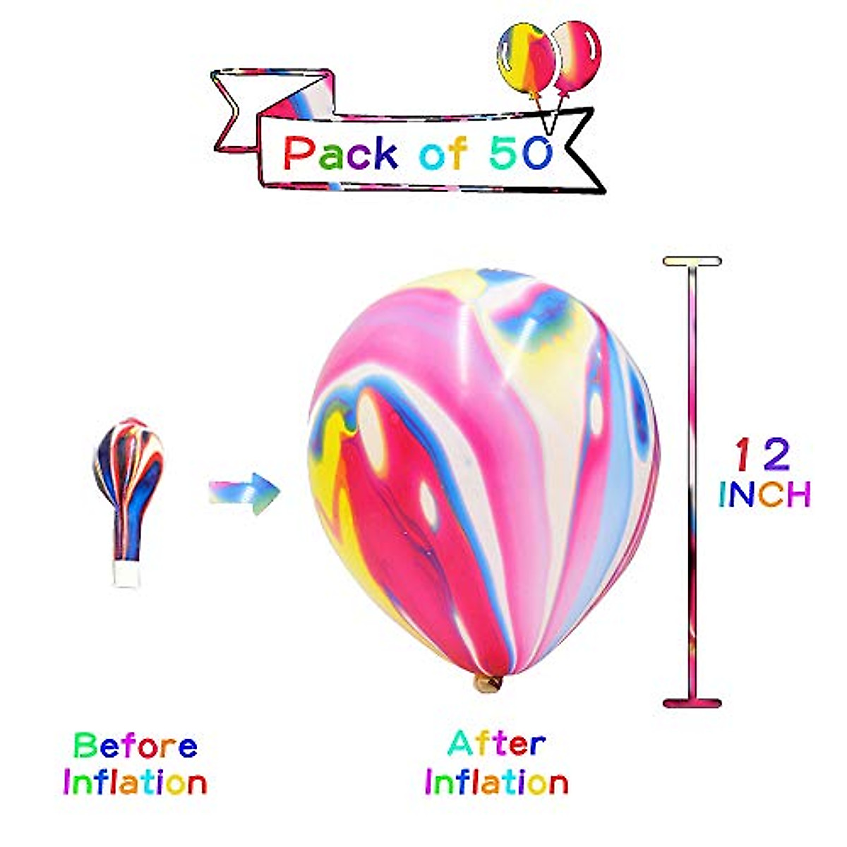 Mayen 50 Pcs 12 Inches Tie Dye Balloons, Rainbow Agate Marble Latex Balloons, Swirl Balloons, Helium Balloons, Tie Dye Birthday Decorations, Hippie Party Supplies