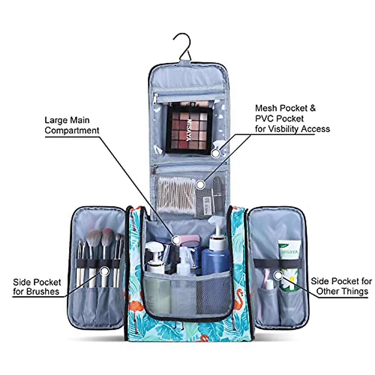 misaya Hanging Shower Caddy for College Dorm Room, Bathroom Essentials for Girls Women, Large Shower Organizer Tote Bag with Strap, Quick Dry Travel Toiletry Bag for Gym, Camping, Green Flamingo