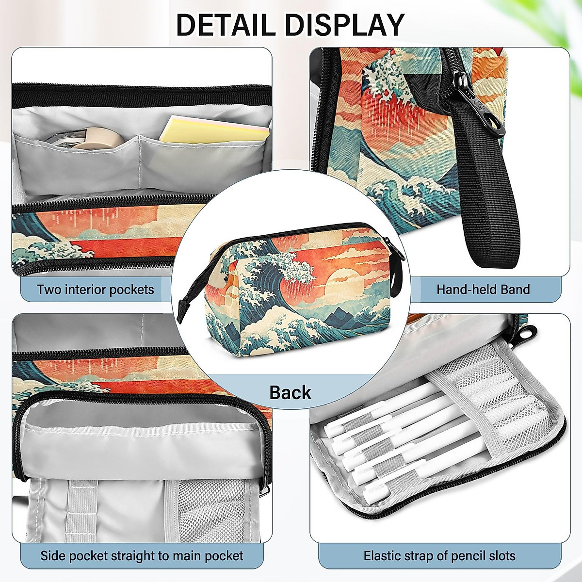 YMGQYJ Pencil Case Japanese Wave Sunset Pattern, Large Capacity Stationery Organizer Pencil Pouch Bag for Office Travel 1 Pack 9.4x3.7x5.9 in