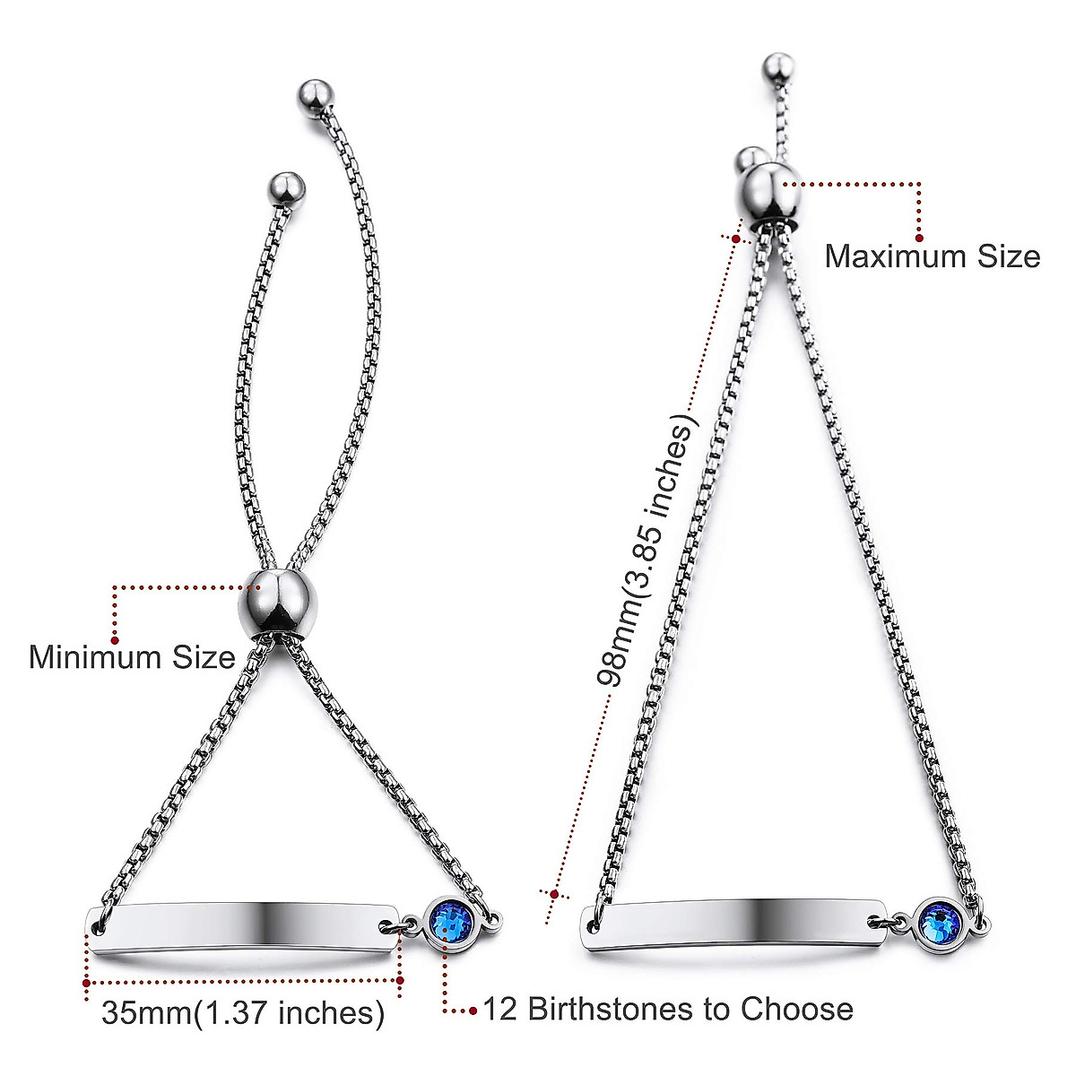 MeMeDIY Personalized Birthstone Bracelets Customized Gift Birthday Engraving for Women Girlfriend Mom Auntie Sister Best Friend Stainless Steel Friendship Adjustable (Silver Color)