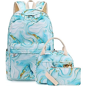 School Backpack Girls Blue Marble Bookbag Teens Water-resistant Schoolbag Kids Insulation Lunch Bag and Pencil Case