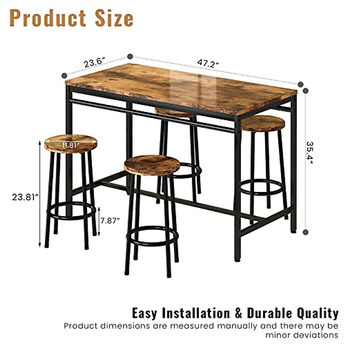 Recaceik Dining Table Sets for 4 Bar Table and Chairs Set Industrial Outdoor Table w/ 4 Stools for Home, Farmhouse, Restaurant, Cafe, Kitchen, Dining Room, Breakfast Nook, Small Space