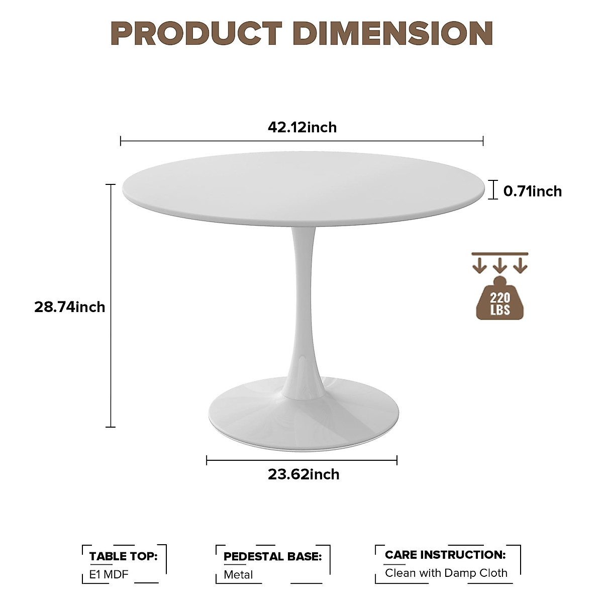 Ufurpie 42" Round Dining Table,Mid-Century White Tulip Table,Metal Base Pedestal Table for 4-6 Person,Easy Assembled End Table Leisure Coffee Table