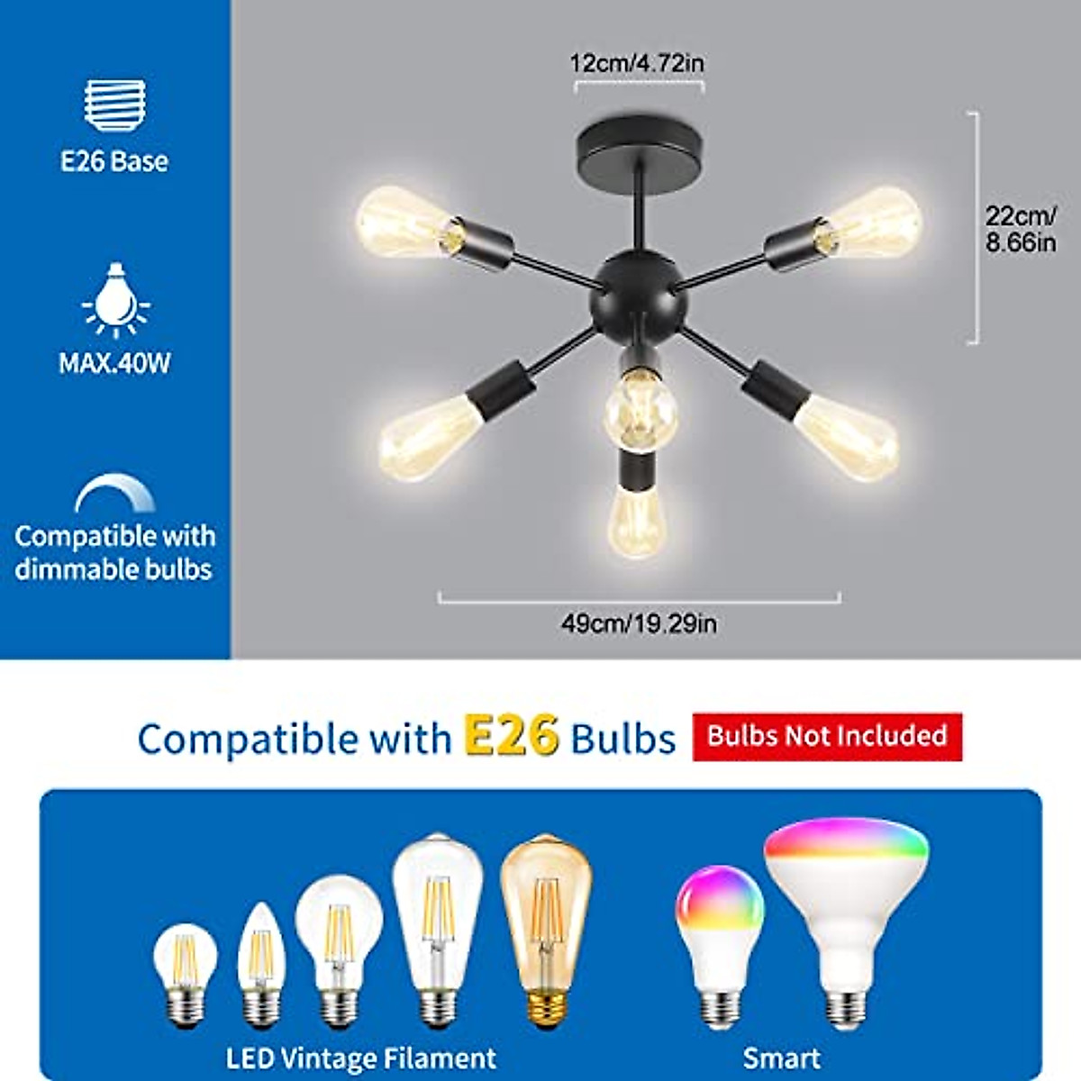 ANWIO Sputnik Chandeliers 6-Light, Semi Flush Mount Vintage Classic Industrial Ceiling Light, Modern Hanging Pendant Lighting for Kitchen Island Dining Room Hallway, Black