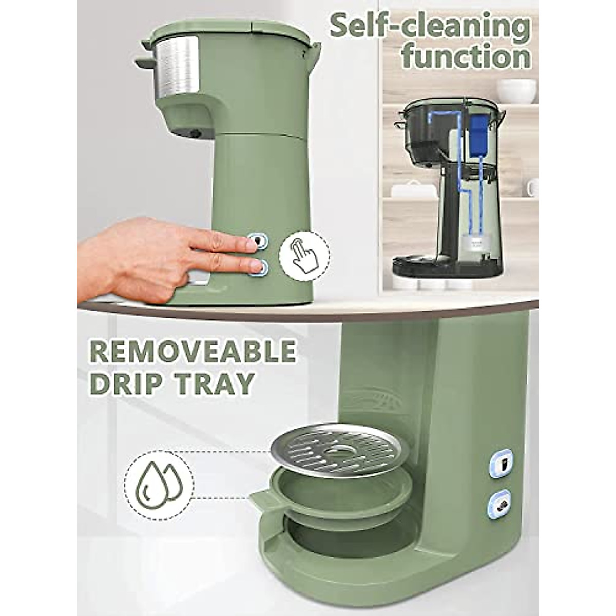 Coffee Maker, Single Serve Coffee Maker Compatible with K-Cup Pod & Ground Coffee, KINGTOO Thermal Drip Instant Coffee Machine with Self Cleaning Function, Brew Strength Control (Red) (Green with Travel Cup)