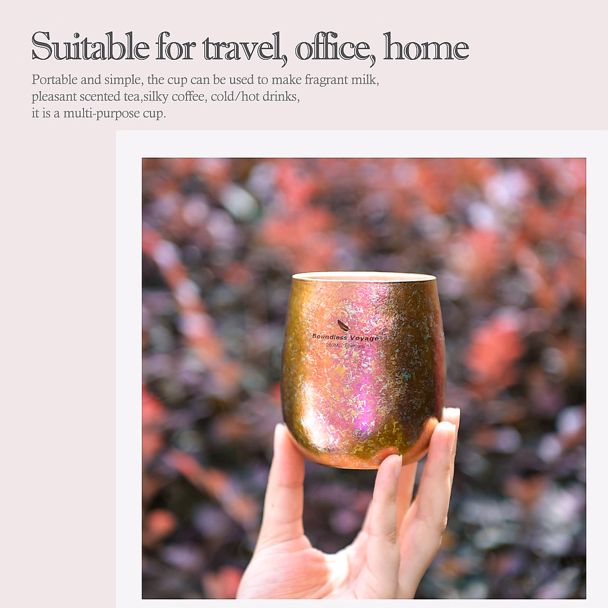 iBasingo & Boundless Voyage 8.79 fl.oz Titanium Coffee Cup Double-Layer Tea Mug Ice Flower Craft Lightweight for Camping Hiking Picnic Drinking Water Tea Wine Beer Fruit Juice (Blue-violet)-Ti3084D