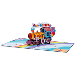 Paper Love Happy Birthday Train, Handmade 3D Pop Up Birthday Card - 5"x7" Cover - Includes Envelope and Note Tag