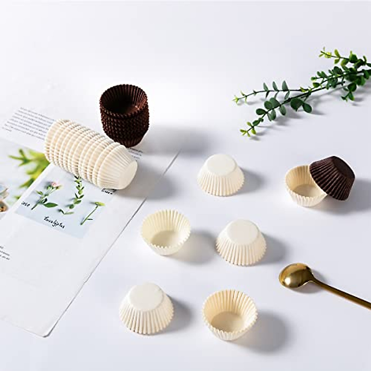 1200 Pieces Mini Paper Cupcake Liners 1.25 inches Baking Cups Wrapper Muffin Paper Cups for Holiday, Baby Shower, Birthday Party, Weddings (1.25 inch, White, Brown)