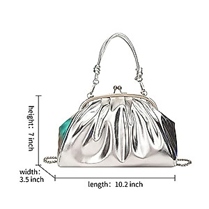 Oichy Leather Evening Bag Pleated Clutch Purses Top Handle Shoulder Bags Kiss Lock Handbags (Silver)