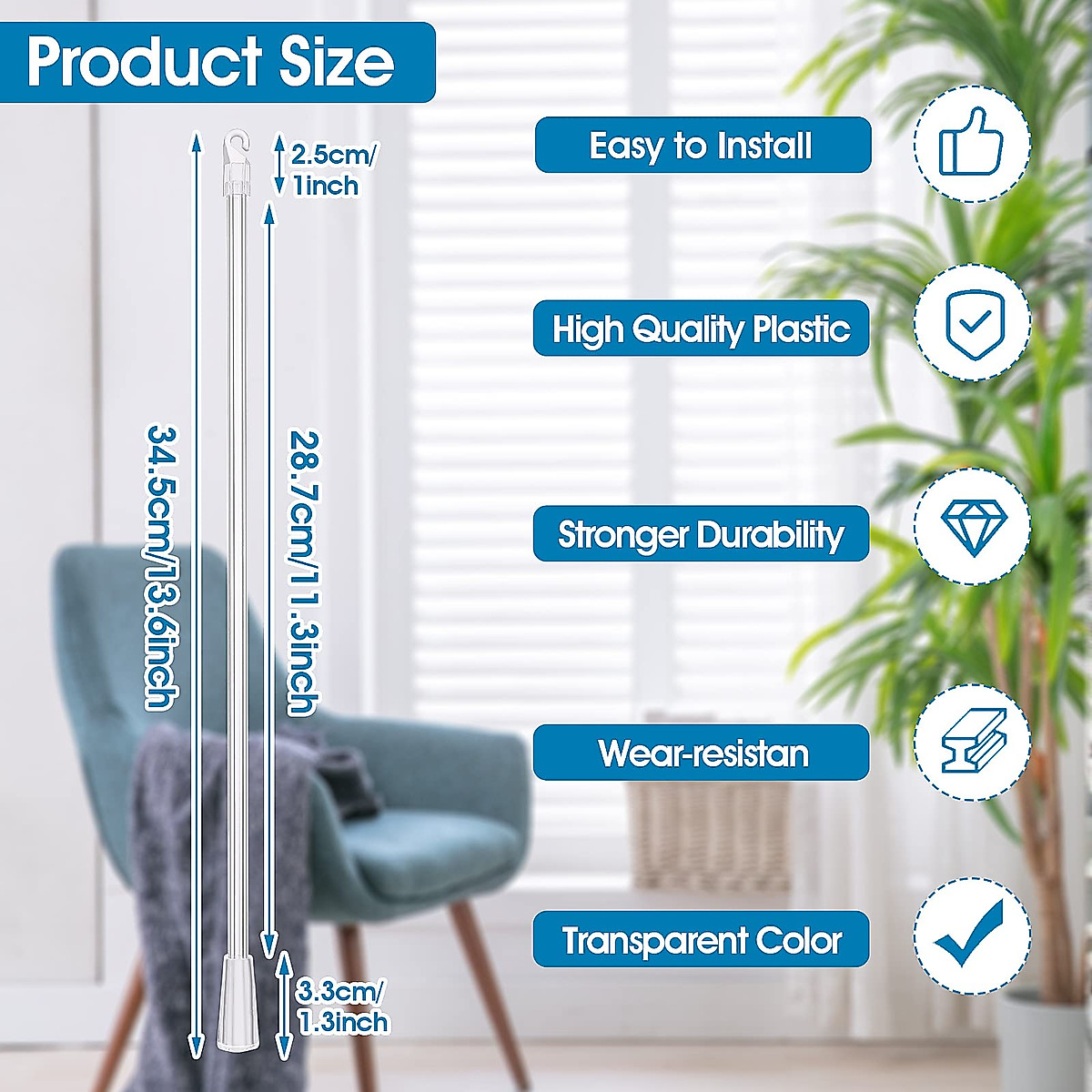 Grevosea 2 Pieces Blind Wand for Window Blinds, Vertical Blinds Replacement Stick Clear Plastic Blind Opener Stick Blind Stick with Hooks and Grips Rod for Vertical & Wood & Cordless Blinds 12 Inches