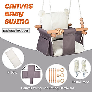 Baby Hammock Swings, Canvas Baby Hanging Swing with Safety Belt & Cotton Cushion Seat, Hanging 2 Side Pockets Safe Outdoor Swings