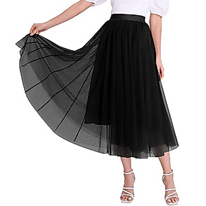 Women’s Tulle Skirts Midi Elastic High Waist Pleated Mesh Flowy A-Line Party Long Tutu Skirt