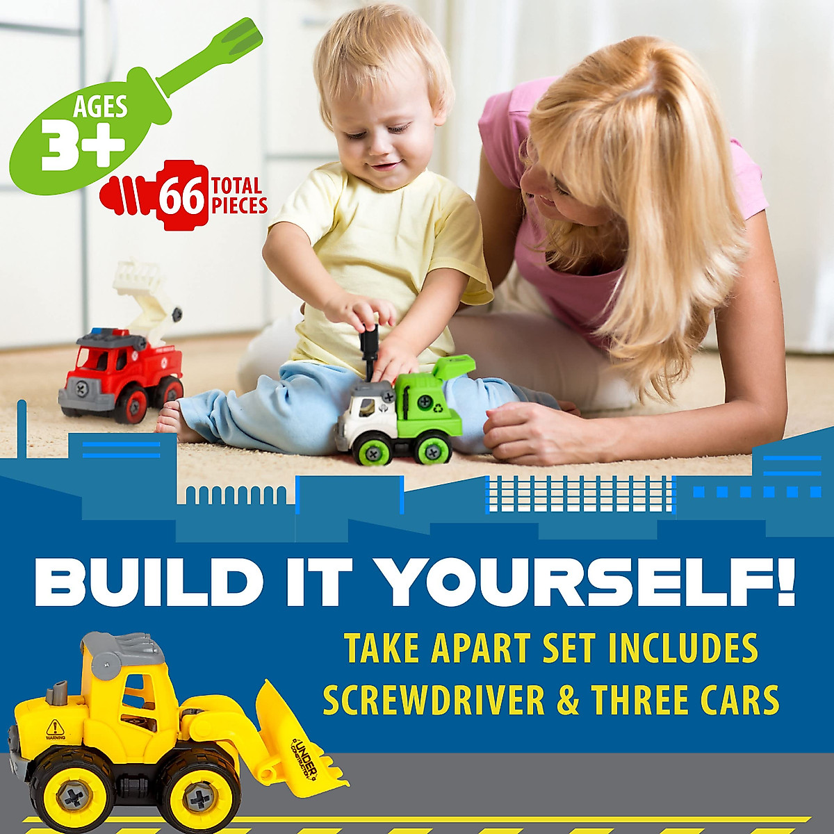 Flybar Power Gearz Take Apart Toy with Screwdriver and Screws- 3 Pack Truck Set for Boys and Girls- Fire Truck, Construction Truck, Garbage Truck- Vehicle Set - Building Toys for Kids Ages 3-5