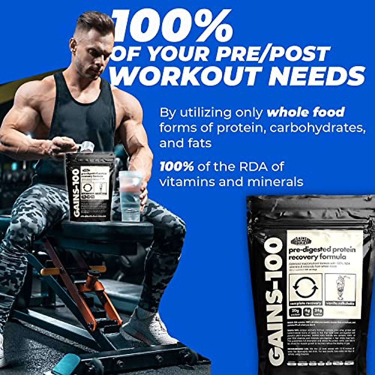 Gains In Bulk GAINS-100 Pre-Digested Recovery Formula - Whey Protein, Vanilla Milkshake, 4.96 lb Dietary Supplement | Balanced Macronutrient Formula with 100% RDA Vitamins and Minerals from Whole Food