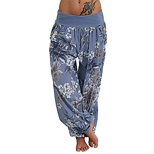 Andongnywell Women Print Wide Harem Pants Hippie Boho Loose Pocket Button Harem Pants High Waist Baggy Beach Pants (Blue,Small)