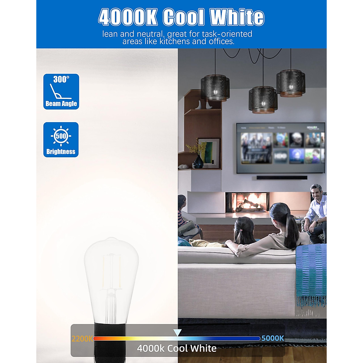 MASTERY MART E26 Led Bulb 60 Watt Equivalent, 5.5W Clear Edison Bulbs, Daylight White 4000k, CRI 90+, 500 Lumen, Vintage ST58 led Light Bulb for Home Non-Dimmable, 6 Pack