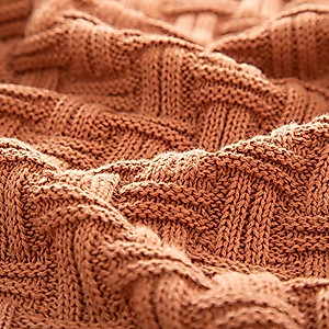 RUDONG M Brown Cotton Cable Knit Throw Blanket, Cozy Warm Knitted Couch Cover Blankets, 60 x 80 Inch