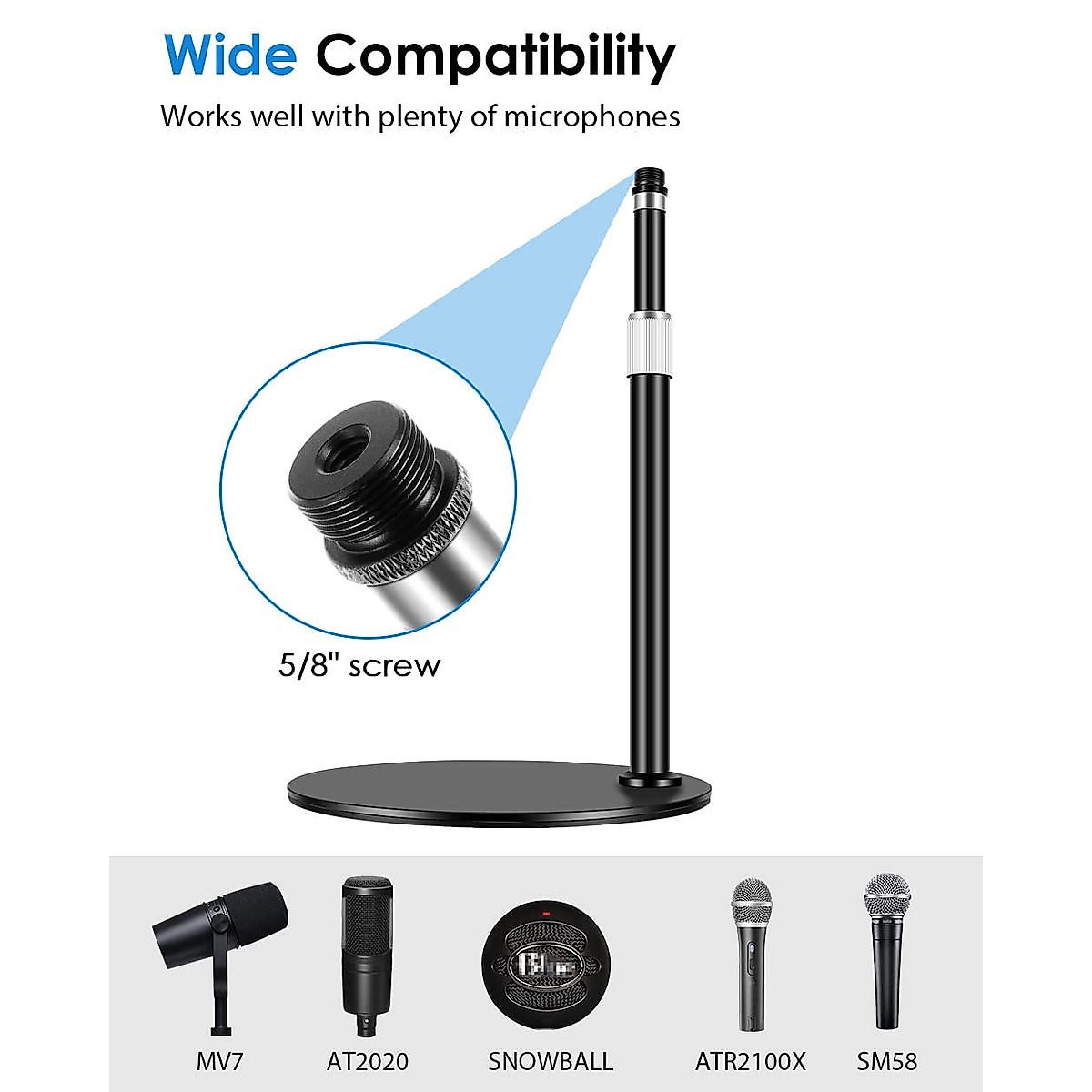 Etour Desk Microphone Stand, Upgraded Adjustable desktop Mic Stand with Mic Clip,5/8" Male Screw for Blue Yeti SM58 SM48 PGA48 AT2020, ATR2100x-USB Samson Q2U Other Microphone