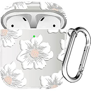 Maxjoy for Airpod Case Flower with Keychain Clear Floral Airpod Pro Case Cover for Girls Hard PC Skin Shockproof Cute Case for Apple Airpods 2&1Charging Case [Front LED Visible]