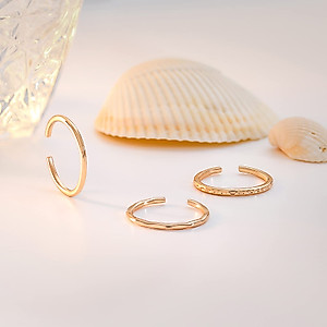 RLMOON 3PCS 14K Gold Toe Ring for Women 1mm Thin Wire Adjustable Toe Ring Set Silver Rose Gold Hawaiian Open Toe Ring Beach Foot Jewelry for Summer (Gold Tone)