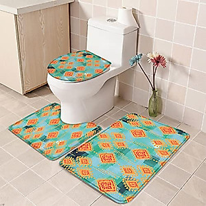Bath Rugs for Bathroom Set 3 Piece Abstract Diamond Polka Dot on Green Gradient Non-Slip Washable Memory Foam Absorbent Bath Mat Rugs for Tub Shower,U-Shaped Toilet Floor Mats,Toilet Lid Cover