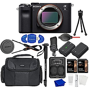 Sony Alpha a7C Compact Mirrorless Camera Bundle with Extra Battery, USB Dual Charger, 2X 64GB SDXC Memory Card, Water Resistant Gadget Bag, Monopod + More